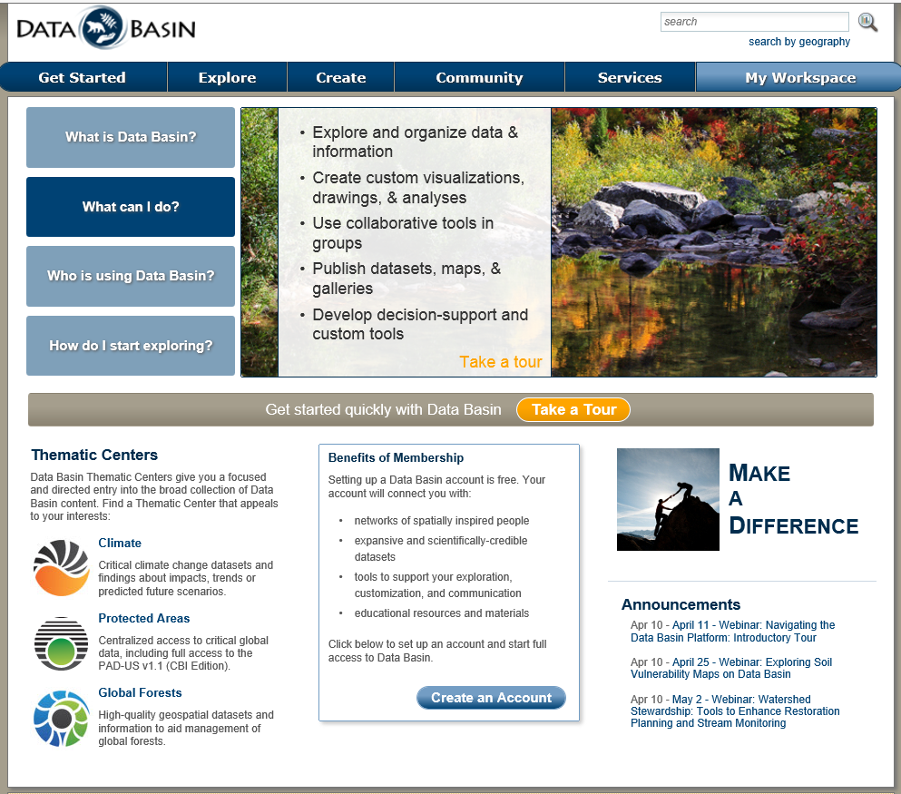 DataBasin: science-based mapping and analysis platform | Geography 250